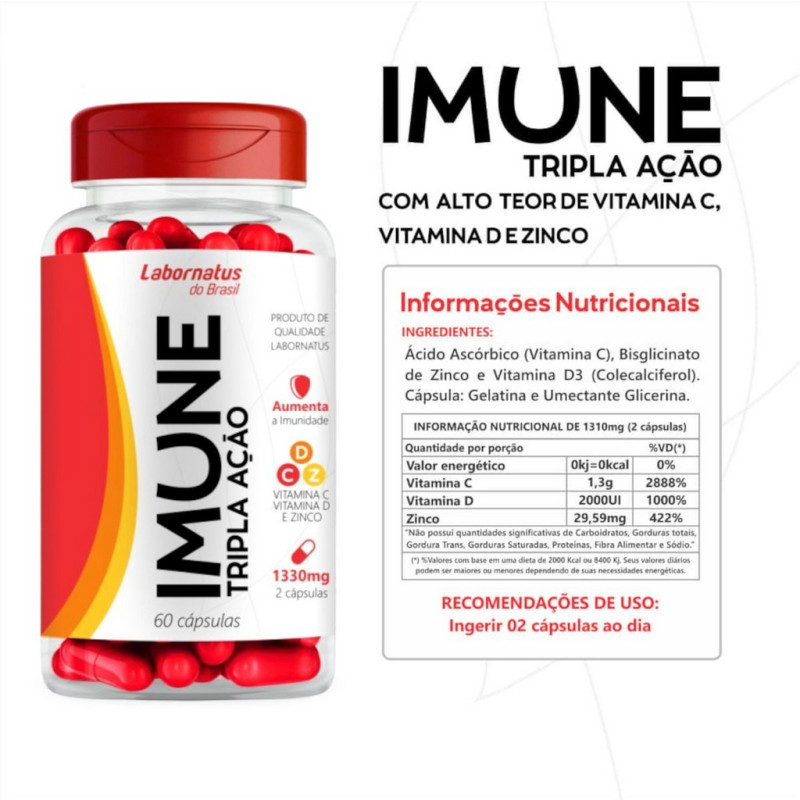 Imune Tripla Ação, Vitamina C, D3, Zinco, 60 Cápsulas, 665mg - Labornatus